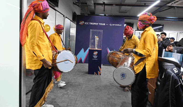 ICC Men’s T20 World Cup 2026 Trophy with dhol, dance and desi tadka
